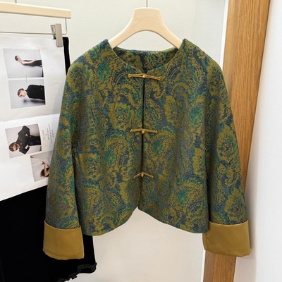 国风圆领盘扣雪尼尔短外套女