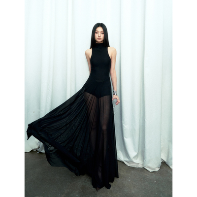 微透网纱拼接连衣裙女性感背心裙