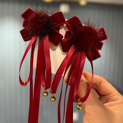新年红色儿童国风蝴蝶结飘带发夹
