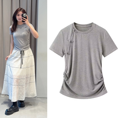 2026夏季新款新中式国风盘扣短袖T恤女宽松休闲捏褶收腰显瘦上衣