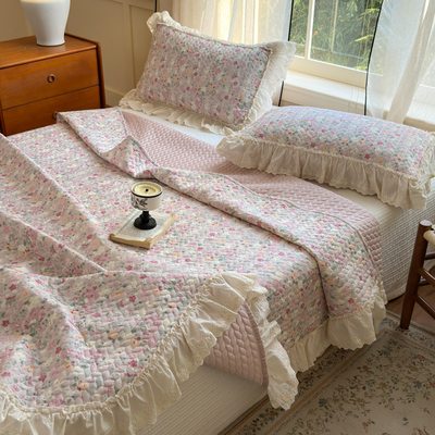 法式公主风全棉双层纱床盖花边款韩式碎花绗缝加厚纯棉床单床罩