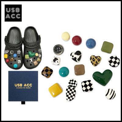 US8ACC创意莫兰迪复古撞色黑白格不规则色块适配crocs洞洞鞋装饰