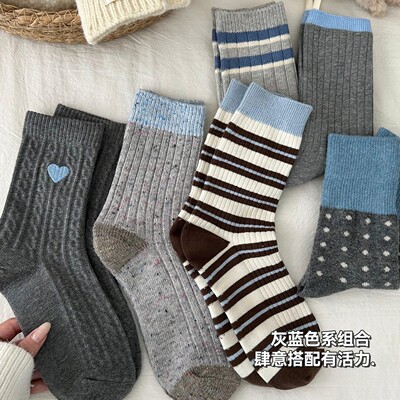 灰色羊毛袜子女冬季加绒加厚保暖爱心蝴蝶结堆堆袜弹力亲肤中筒袜