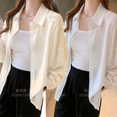 防晒衬衫外套女春款新款白色薄款宽松雪纺衫法式衬衣外穿中长款