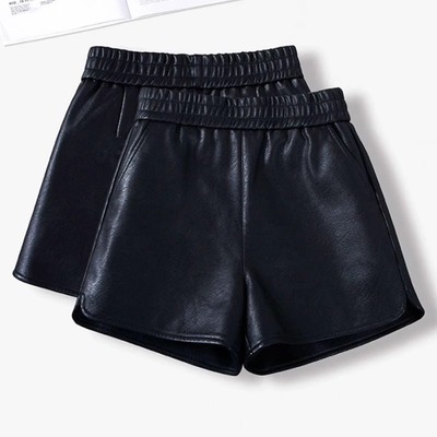 2024秋冬新款pu皮短裤女黑色松紧腰阔腿裤大码显瘦外穿百搭短裤女