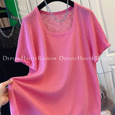 法式方领短袖T恤针织衫女