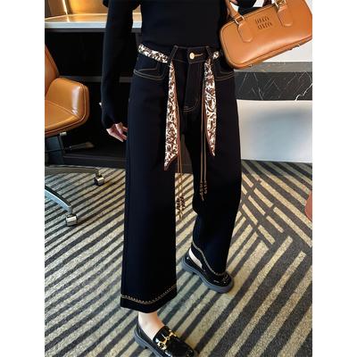 丹宁黑金色九分阔腿牛仔裤女春秋新款丝带设计高腰直筒宽松奶奶裤