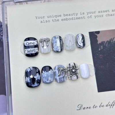 【银河奇旅】纯手工穿戴甲手绘碎花格纹轻奢气质超亮魔镜粉豆豆甲