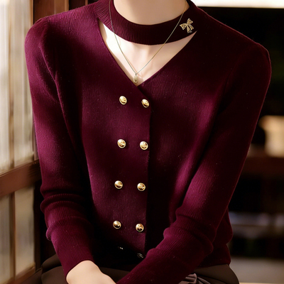 早秋V领双排扣酒红显瘦针织开衫