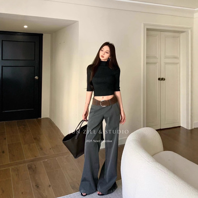 WITHMIN 灰色西装裤女秋季宽松显瘦垂感拖地低腰直筒阔腿裤套装