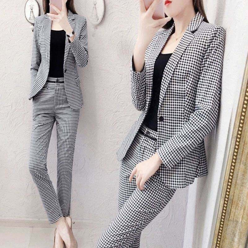 春秋新款时尚洋气职业格子西装套装女气质长袖西服裤子两件套2026