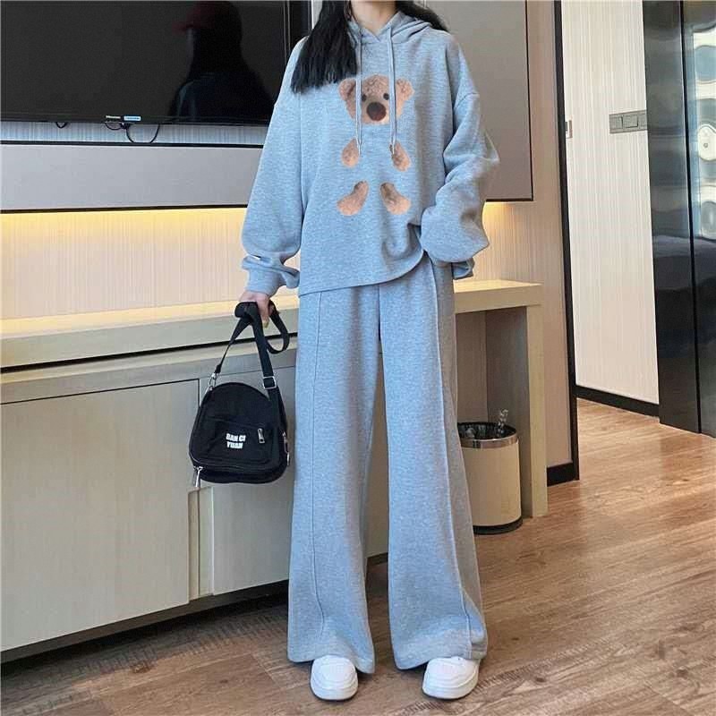 【棉】休闲小熊运动套装女秋冬新款韩版宽松连帽卫衣阔腿裤两件套