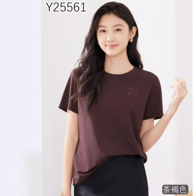 2025雅可Y25561夏季休闲短袖修身圆领满天星轻奢女士时尚T恤上衣