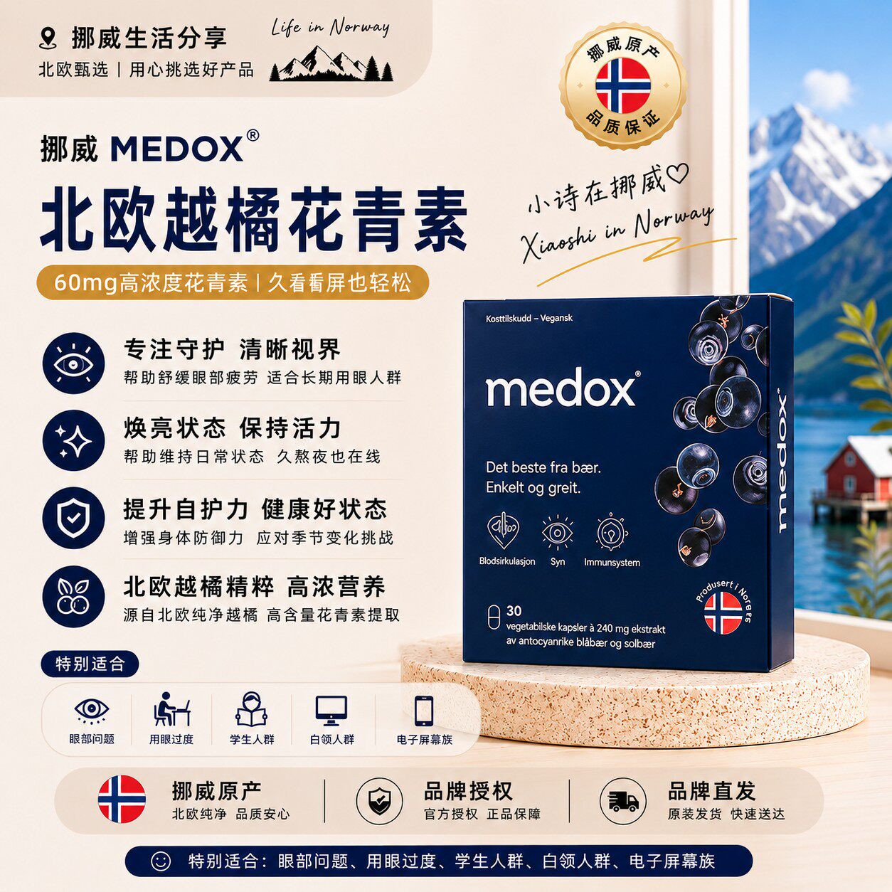 挪威Medox花青素越橘胶囊30粒野生双眼蓝莓片叶黄素黑加仑高含量