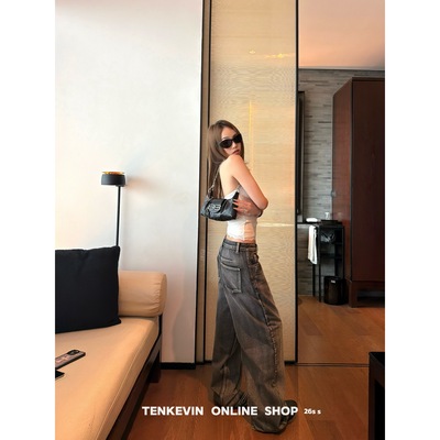 十一石 jennie风松弛感 重工水洗猫须牛仔裤女宽松显瘦直筒牛仔裤