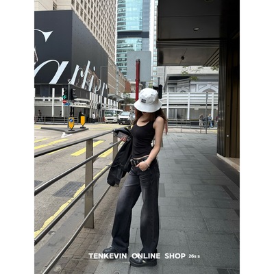 十一石 邪修腿精裤 复古猫须水洗低腰直筒牛仔裤女宽松显瘦阔腿裤