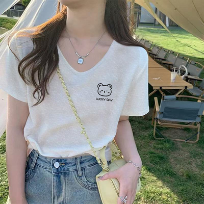 夏季新款V领雪花棉短袖t恤女洋气休闲大码宽松显瘦胖mm体恤衫上衣