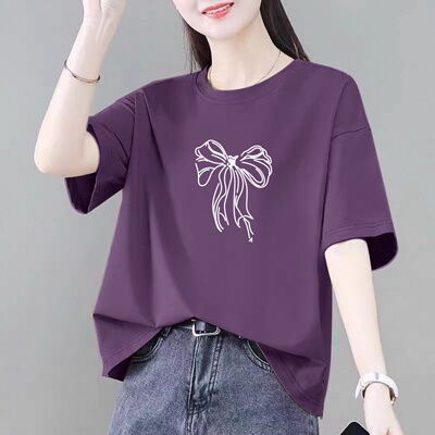 2025年夏季新款圆领短袖t恤女纯棉洋气宽松大码胖mm显瘦百搭上衣