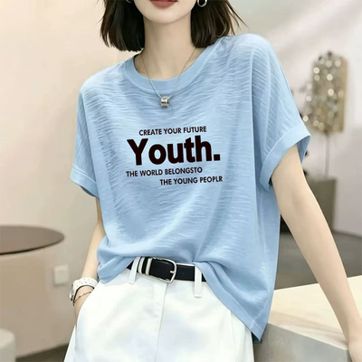 蓝色竹节棉短袖t恤女夏季新款时尚休闲大码宽松显瘦纯棉圆领上衣