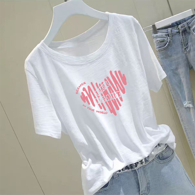 夏季新款雪花棉圆领t恤短袖女装洋气爱心印花大码宽松打底衫上衣