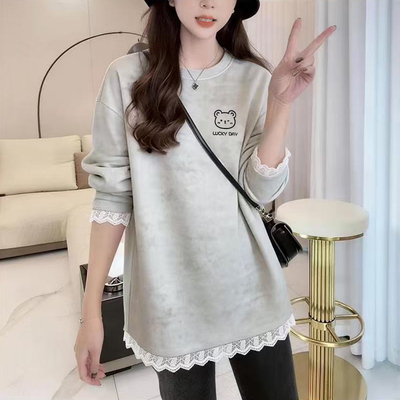 2026新款纯棉圆领花边设计感长袖T恤女时尚宽松打底衫中长款上衣