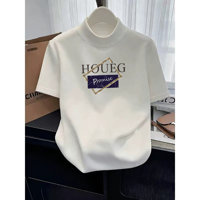 夏季新款立领正肩短袖t恤女小众时尚百搭印花修身显瘦体恤衫上衣