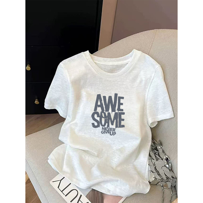 白色雪花棉圆领短袖t恤女夏季新款通勤大码宽松显瘦胖mm体恤上衣