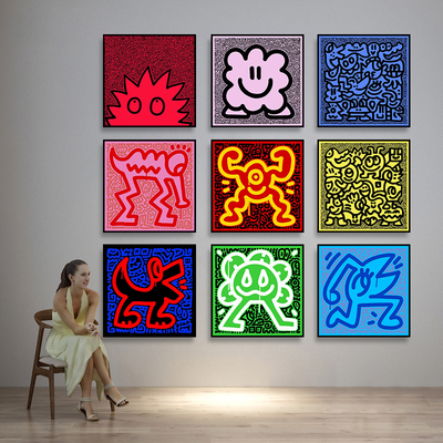 凯斯哈林装饰画卧室MrDoodle个性潮流涂鸦挂画抽象艺术波普风壁画