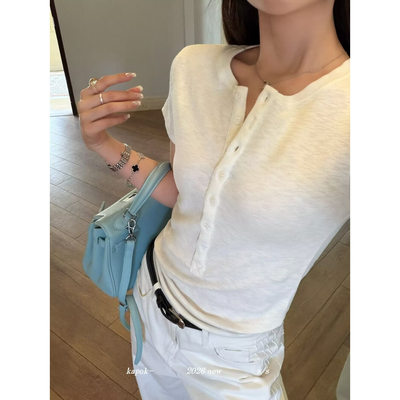 十三行正品女装上衣KAPOK春夏韩系新款正肩百搭修身半开扣短袖T恤