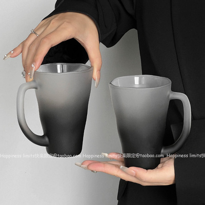 带把波纹杯创意磨砂灰玻璃茶杯