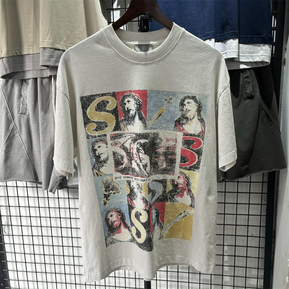 重磅美式复古水洗做旧SAINT宗教字母人物印花五分袖情侣短袖T恤潮