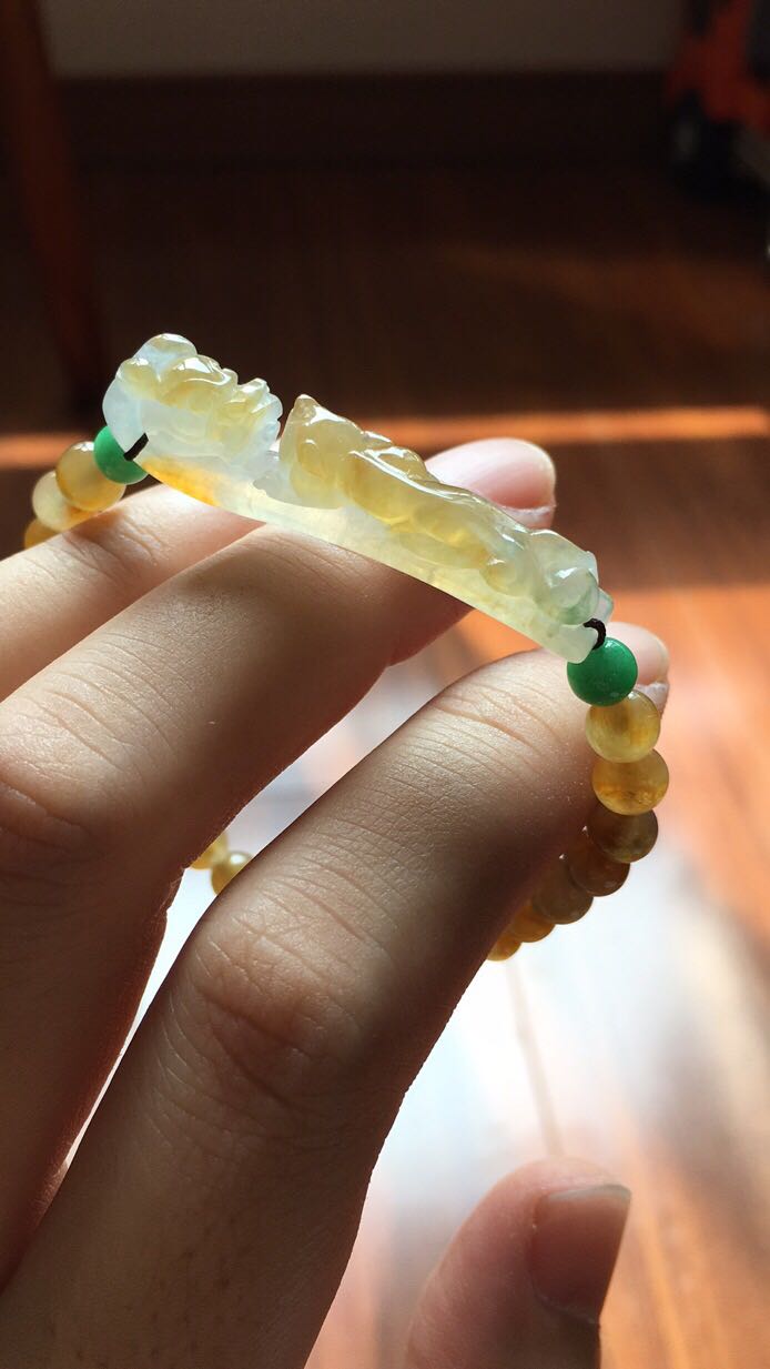 【赏】木易日辰 天然翡翠A货冰黄翡特色龙勾手牌手链