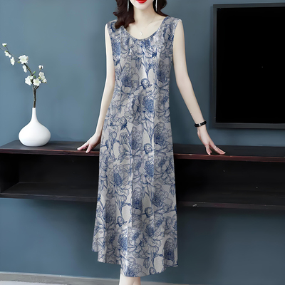 高档印花圆领夏新款修身减龄遮肚妈妈装背心吊带中长款连衣裙女