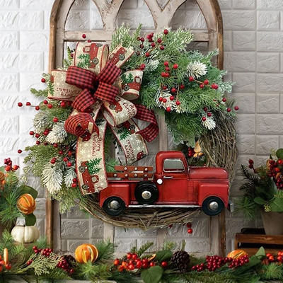 Christmas Wreath Artificial Plant Rattan Red Truck Rustic Fa