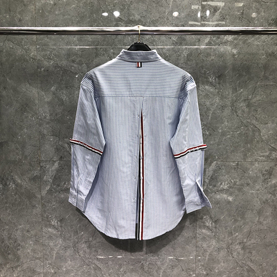 TB条纹衬衫后背开叉男女双袖织带