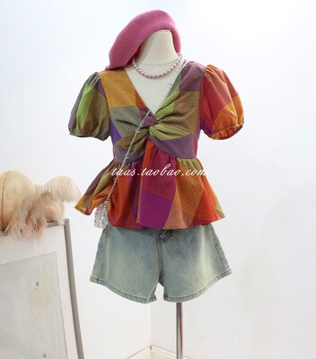 修身法式泡泡袖拧结格子娃娃衫