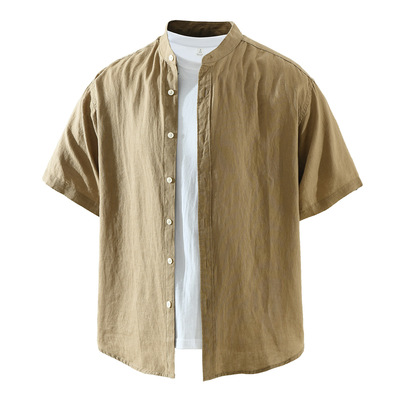 新款日系老钱风亚麻短袖男衬衫