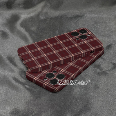ins学院风酒红色格纹适用苹果13手机壳iPhone16promax菲林新款硬壳14pro简约超薄14plus保护套12个性11软壳XS