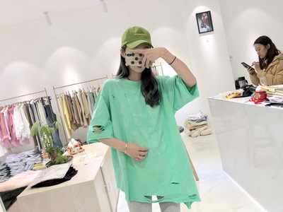 JLsunflower春夏季破洞不规则中长款宽松显瘦bf风纯棉短袖T桖女新