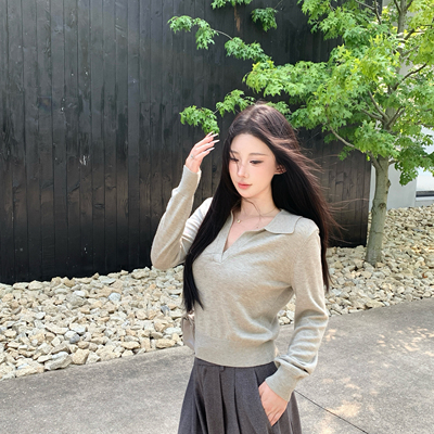 高智淡人毛衣老钱风Polo领针织衫女慵懒休闲V领绵羊毛长袖上衣