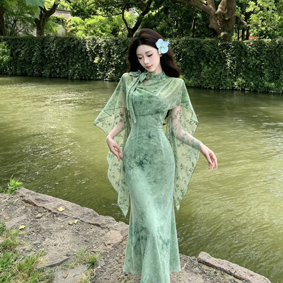 Mimo dk温柔纯欲手工花朵挖肩绿色鱼尾连衣裙步步生莲长裙 绿珠心