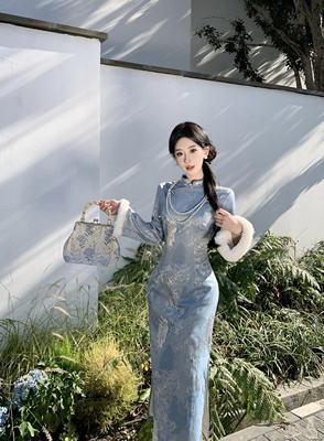 Mimo dk新中式国风加绒改良旗袍加厚温柔复古蓝色国风连衣裙秋冬