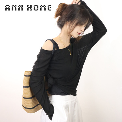 法式休闲优雅百搭一字领针织衫