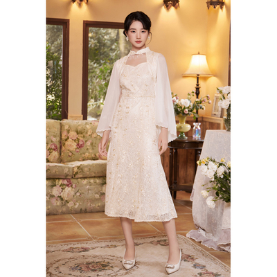固执2023秋季新款中国风长袖蕾丝中长款连衣裙80133LQ08305