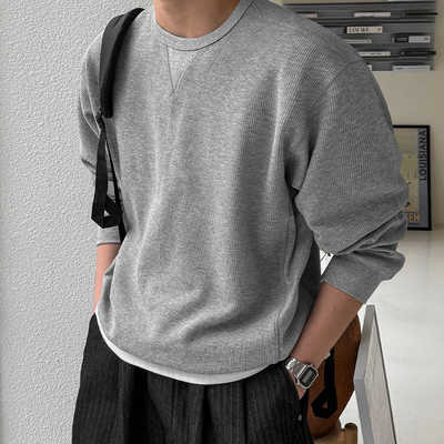 韩国代购华夫圆领卫衣纯色宽松