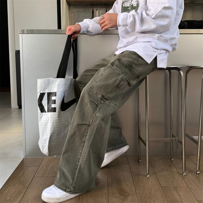 韩国男装膝盖双掐褶水洗休闲裤