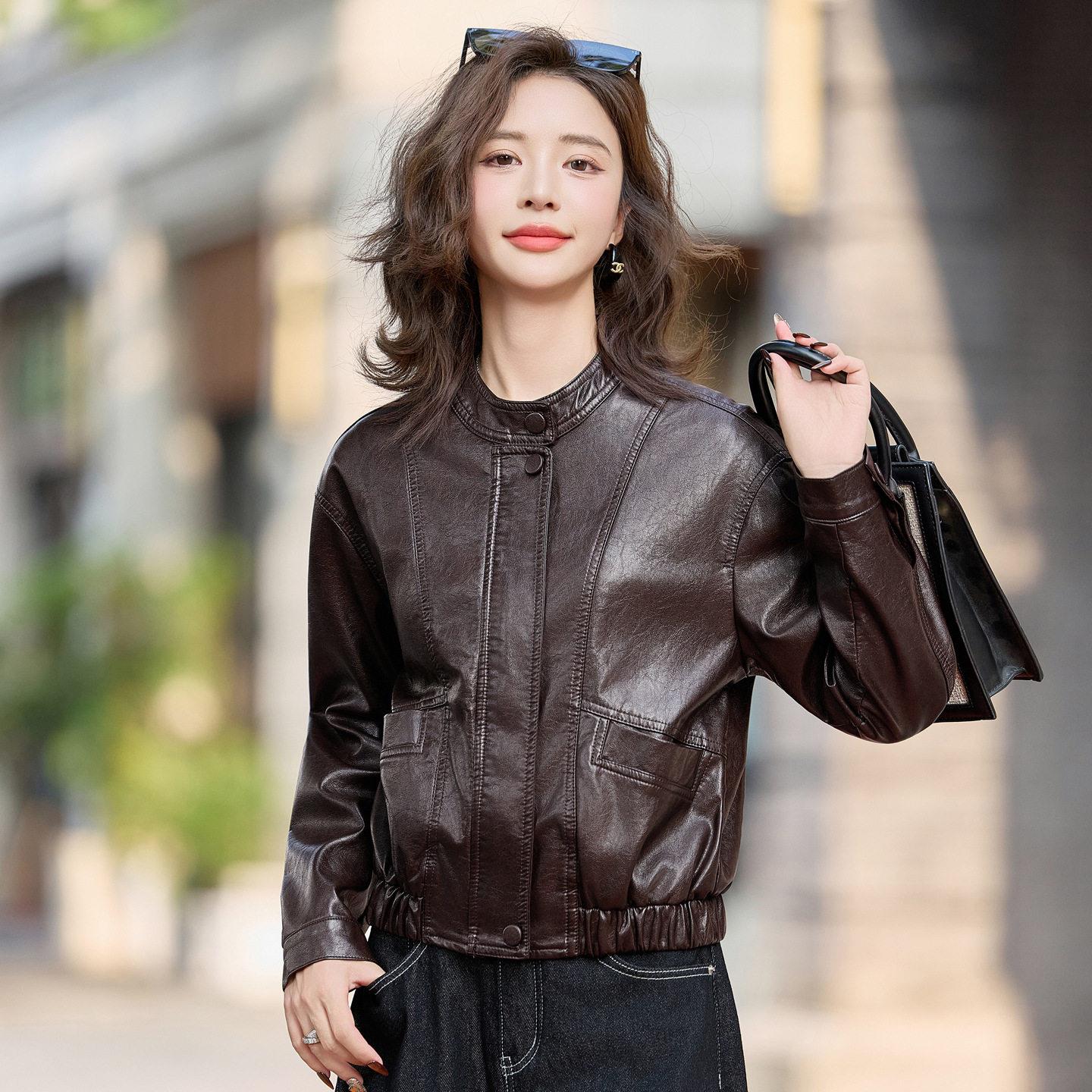 皮衣女秋外ZH2603-0装新款立领宽松洗休显瘦闲机车水皮夹克套
