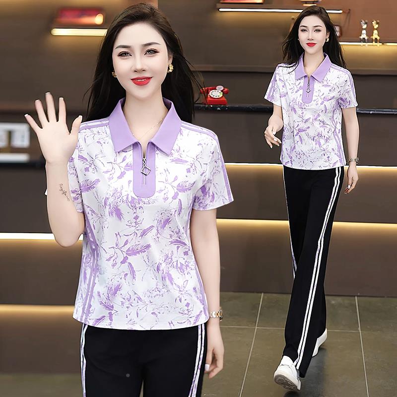 冰运动套装女夏季立领身905175显闲瘦修妈妈洋气减龄丝短袖长裤休
