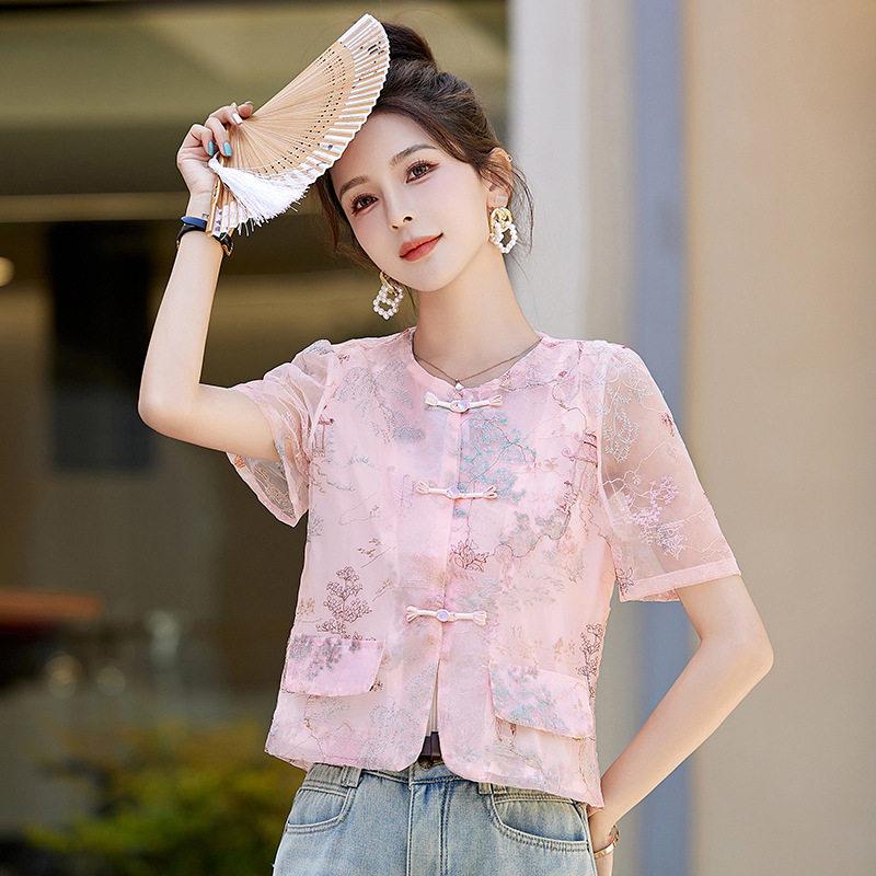 扣夏季新品女AH2458绣装盘新中式短袖欧根纱晒刺防小外套