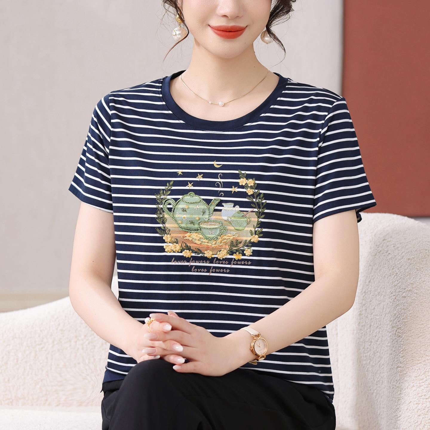 夏季运109910套装女新款洋妈妈条纹圆动九领短袖分裤气休闲服两件